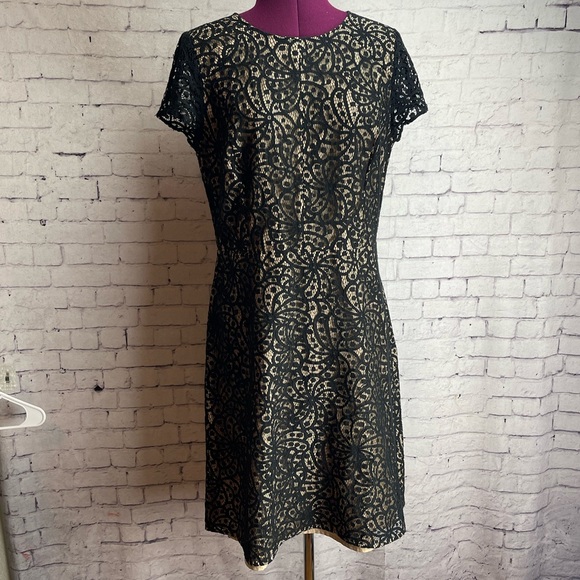 LOFT | Dresses | Loft Black Lace Dress With Nude Lining Fit And Flare ...